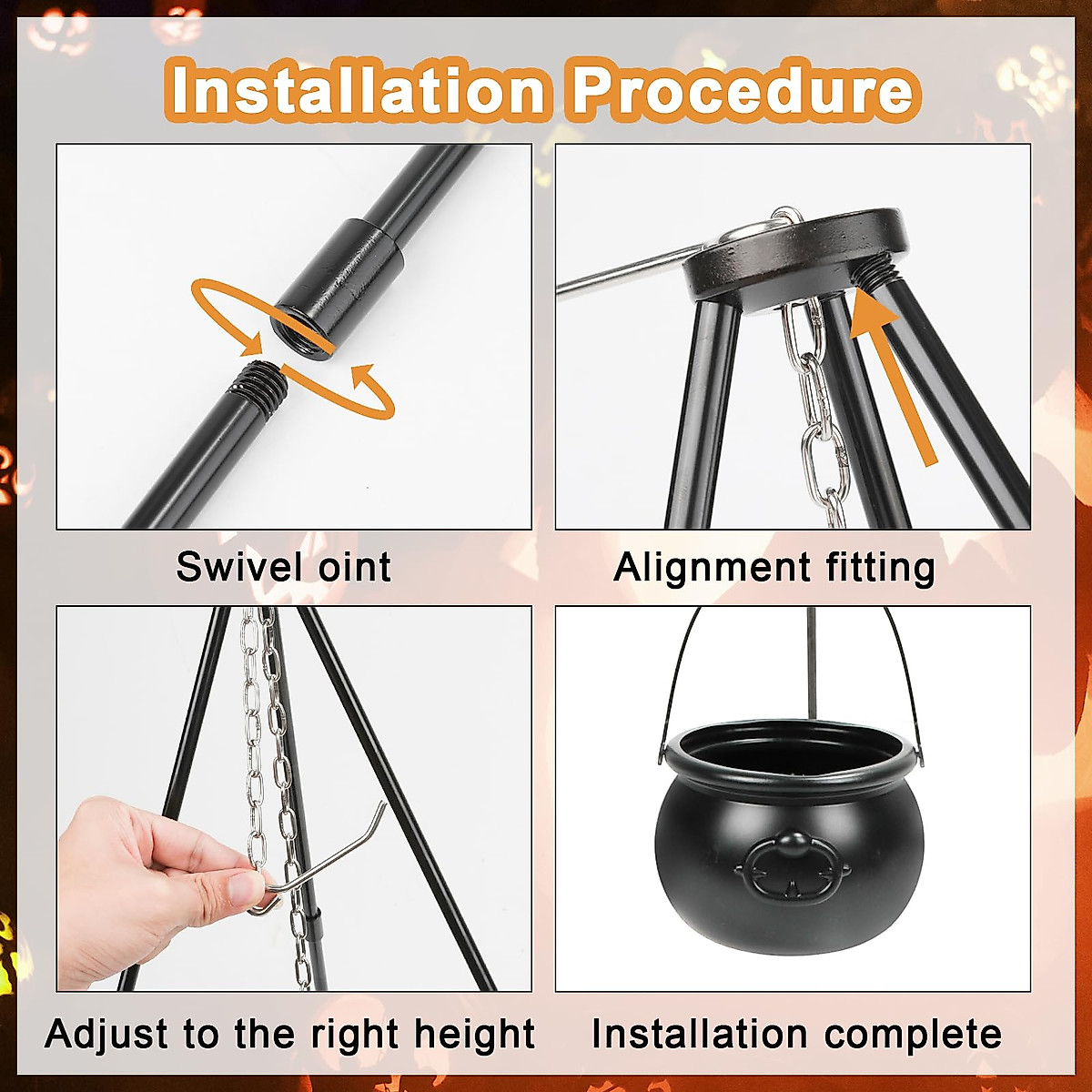 Halloween Witches Cauldron on Tripod, Halloween Cauldron with Green Lights, Halloween Outdoor Decor, Hocus Pocus Candy Bucket Decorations for Home Patio Garden Lawn Outside