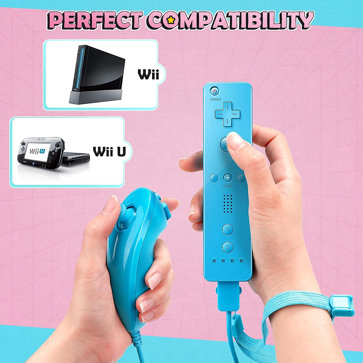 PGYFDAL Wii Controller 2 Pack, Wii Remote Controller and Nunchuck Joystick with Silicone Case and Wrist Strap for Holiday (Pink and Blue)