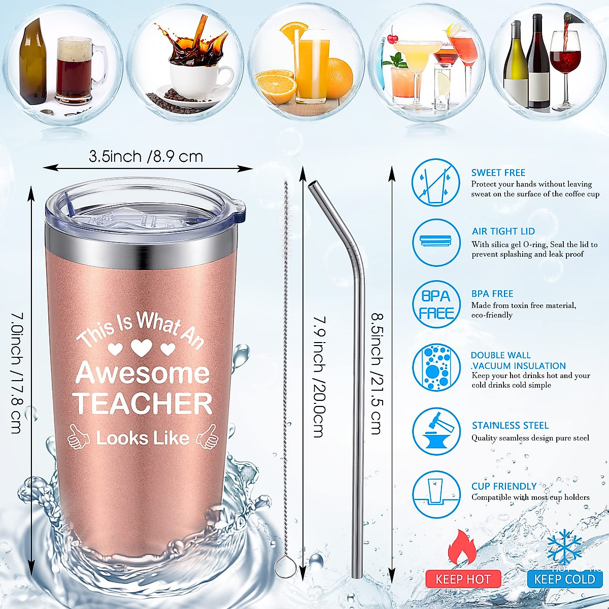 Sabary 8 Pieces Novelty Teacher's Day Appreciation Gifts Set for Women, 20 oz Travel Tumbler with Straws Brushes and Lids, Teacher Makeup Bag Cosmetic Bag, Teacher Keychain, Teacher Leather Journal