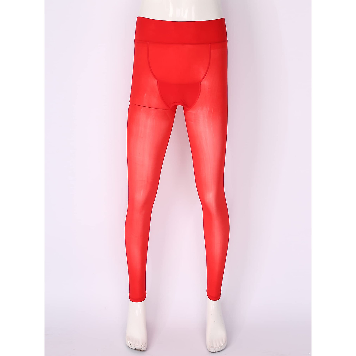 Jugaoge Men's Oily Glossy See Through Long Pants Slim Stretchy Leggings Tights Sissy Crossdresser Red One Size