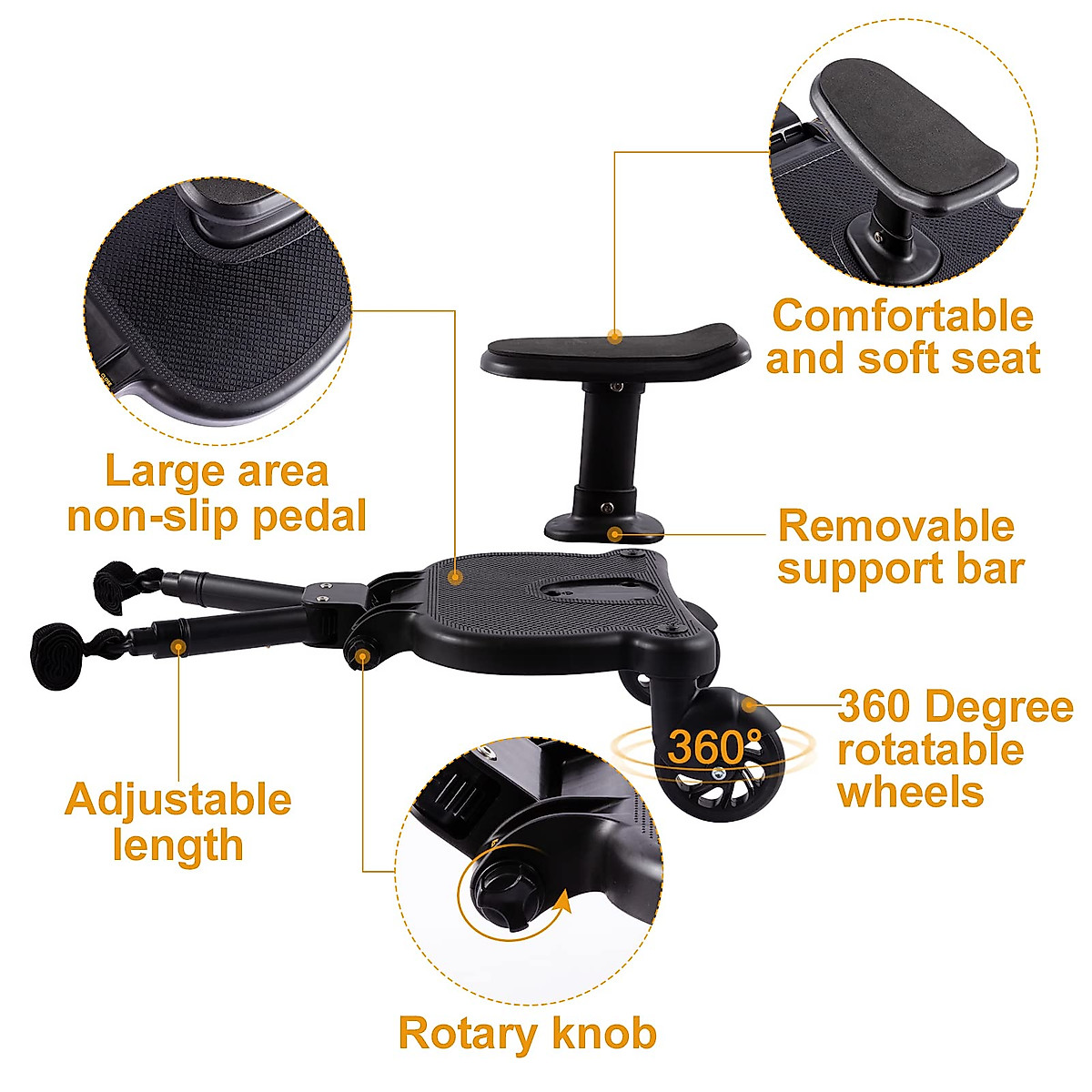 Universal Stroller Board with Removable Seat- 2-in-1 Sit and Stand Baby Stroller Rider Board Stable Stroller Glider Board Stroller Ride Board Fit for Most Brands' Stroller (Holds Children Up to 55lbs)