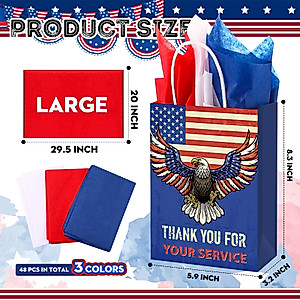 Cholemy 48 Pcs Veterans Day Patriotic Thank You Gift Bags with Red White Blue Tissue Paper Vintage American Treat 4th of July Goodie Bags with Handles Independence Day Party Gift Wrap Bags
