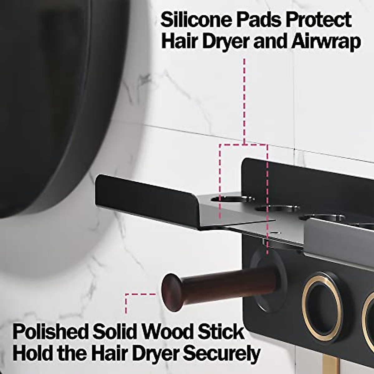 Floatant Wall Mount Holder for Dyson Airwrap Styler Supersonic Hair Dryer, Nail-Free or Perforat Install, Organizer for Storage Attachments, Rack with Hooks for Accessories Nozzles Barrels Brushes