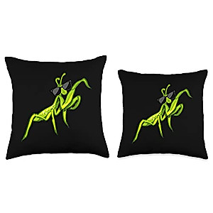 Praying Mantis Grasshopper Lover - DressedForDuty Praying Mantis with Sunglasses Grasshopper Throw Pillow, 16x16, Multicolor