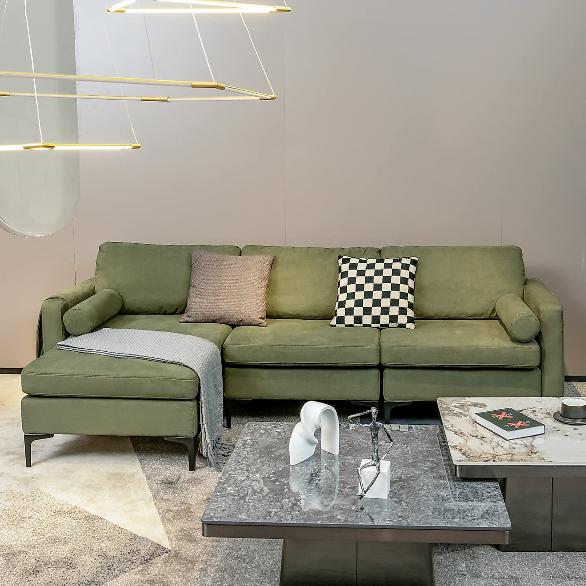 Giantex 97" Large Couch, 3 Seat Sectional Sofa Set, L-Shaped Modular Sleeper with Convertible Chaise Lounge, USB Ports, 3-Hole Socket, Storage Box, 2 Bolsters, Family Apartment Living Room, Green