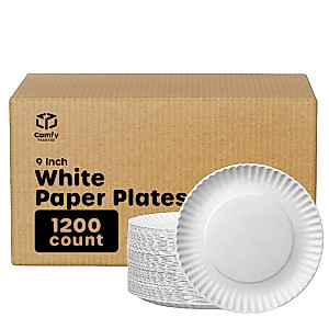 Comfy Package [Case of 300 9 Inch Uncoated White Paper Plates - Disposable Party Plates, Decorative Paper Plates for Crafts