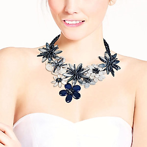AeraVida Unique Night Garden Black and Blue Stone with Crystal Bead Statement Necklace | Handmade Flower Collar Necklace | Boho Jewelry | Gift for HER