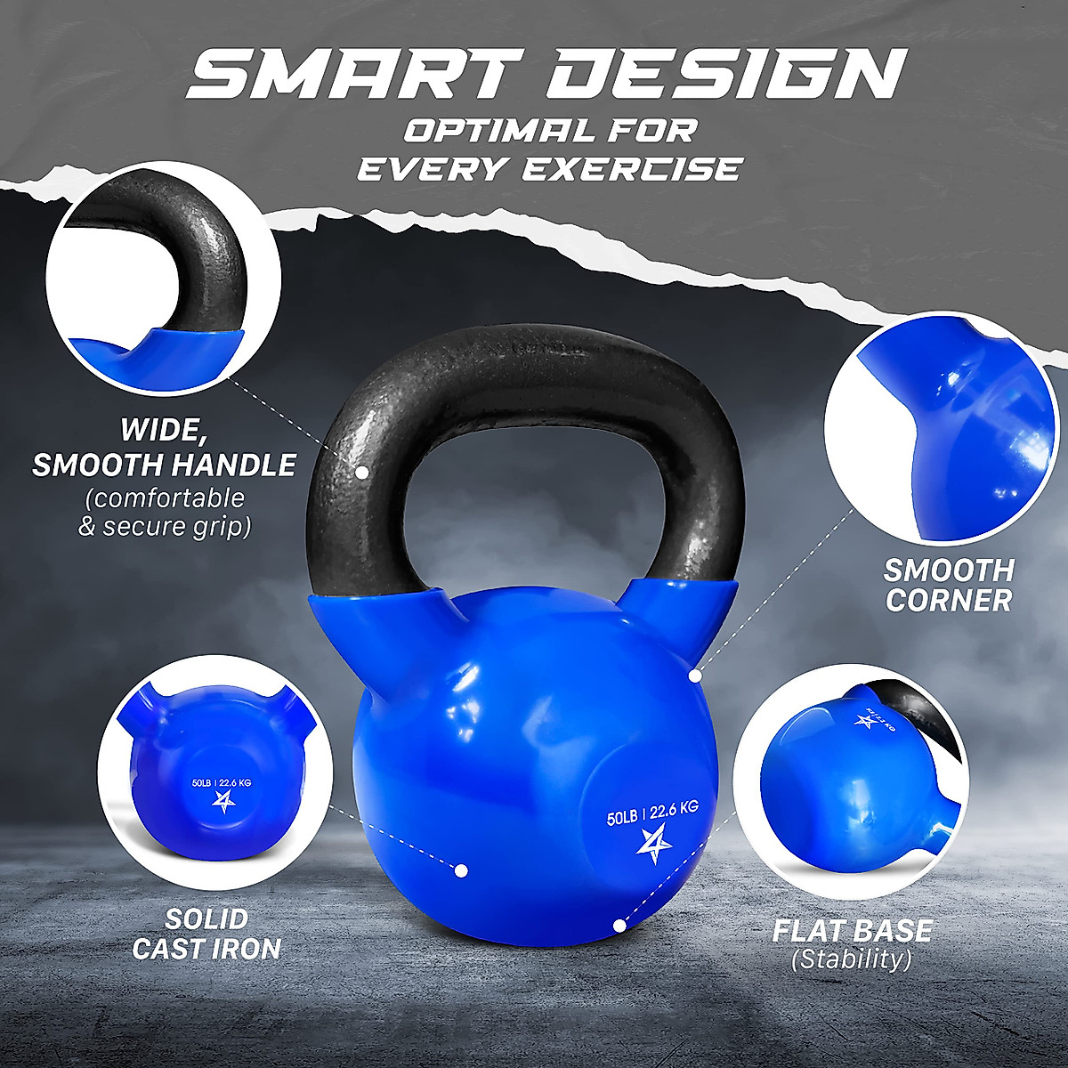 Yes4All 50 lb Kettlebell Weight Vinyl Coated Cast Iron for Dumbbell Weights Exercises, Gym, Fitness, Full Body Workout Equipment Push up, Grip and Strength Training, Blue