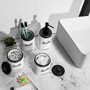 LKKL Mason Jar Bathroom Accessories - 5PCS Mason Jars Soap and Lotion Dispenser Set - Bathroom Sets 2 Apothecary Jars, 1 Toothbrush Holder, 1 Soap Dispenser, 1 Bathroom Tray (Black/White)
