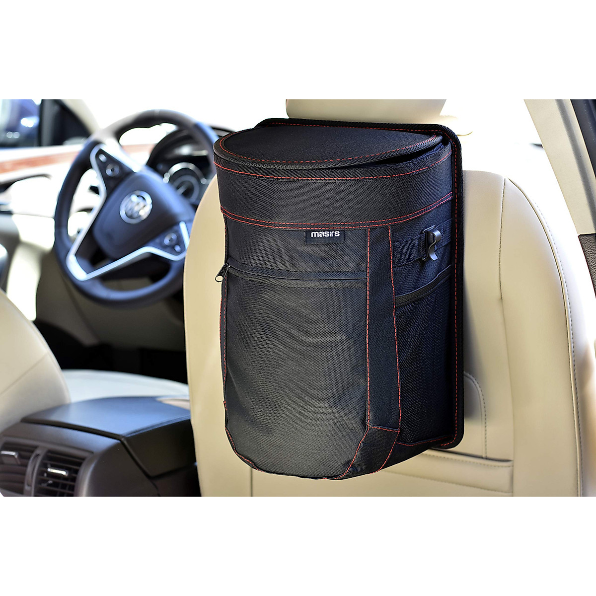 Masirs Vehicle Trash Can - Large Removable Leakproof Garbage Bag, Fasten The Car Waste Basket to Back or Front Seat Headrest. Great Garbage Can for Car, SUV, Truck, Van or Minivan.