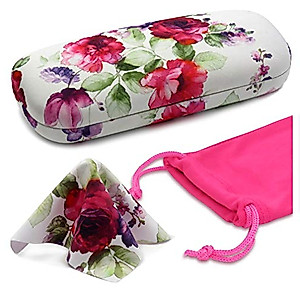 Rachel Rowberry Floral Hard eyeglass case | Glasses Case Hard Shell with Microfiber Drawstring Pouch and Cleaning Cloth | Protective Small sunglasses case for women (AS126 Cranberry Rose)