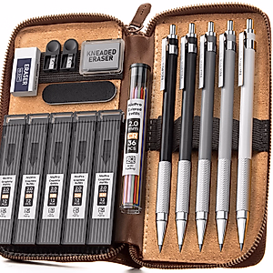 Nicpro 17PCS Metal 2mm Mechanical Pencil Set in Leather Case, 2.0 mm Lead Pencil Holders (4B 2B HB 2H 4H) 6 Tube Black Lead Refills & Colored Lead, Erasers,Sharpener For Art Drafting Sketching Drawing