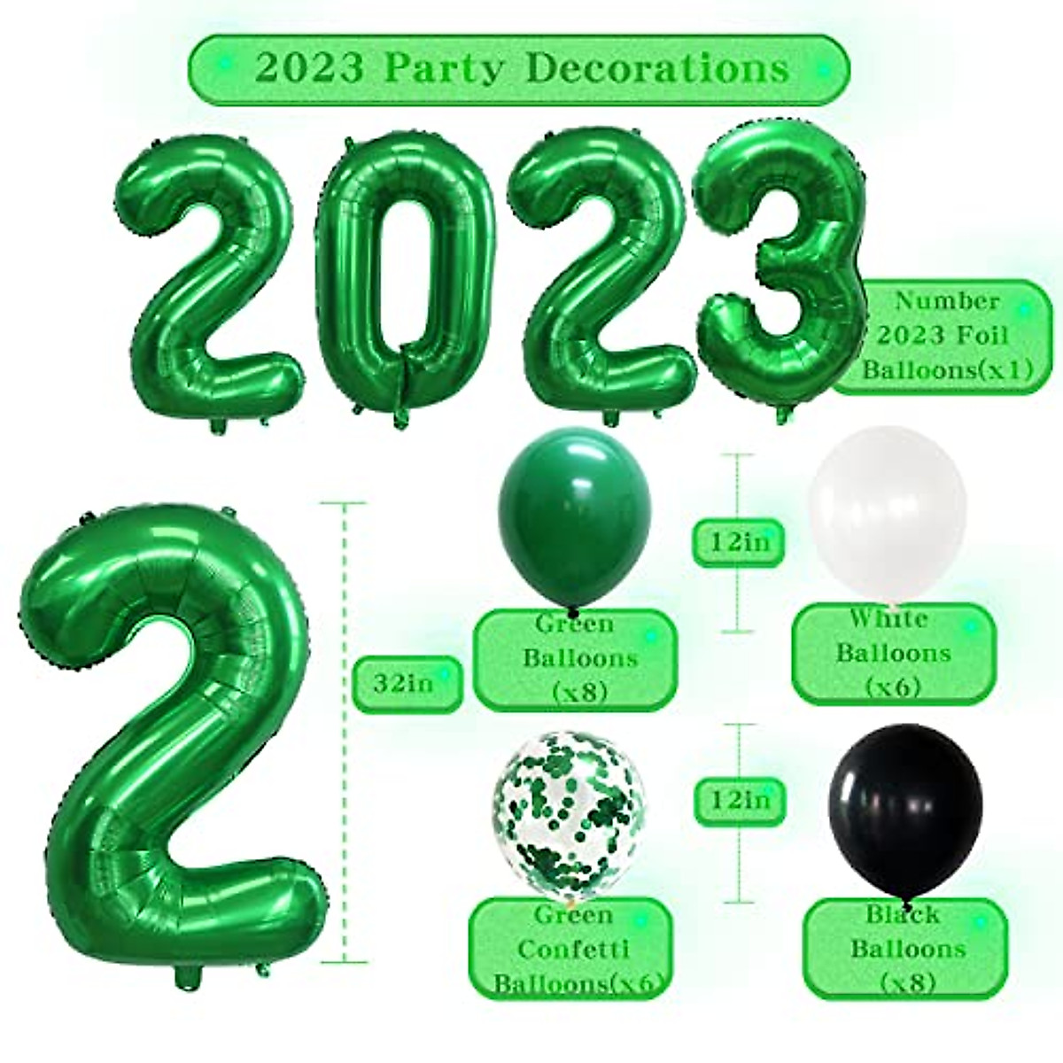 MEIWUTIE Graduation Party Decorations 2023 Green and Black, New Year Eve Party Supplies Green and Black Flower Pom Poms Latex Fiol Balloons 2023 Banner for Graduation Decorations Birthday Anniversary