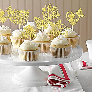 24 PCS Happy Mother's Day Cupcake Toppers Glitter Heart #1 Mom Butterfly Love You Mom Cupcake Picks for Happy Mother's Day Theme Women Birthday Party Cake Decorations Supplies Gold