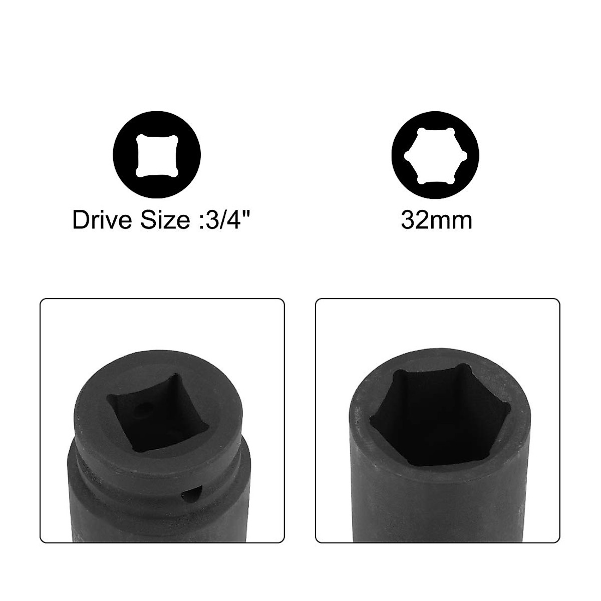 uxcell 3/4-Inch Drive by 32mm Deep Impact Socket, 6-Point, Cr-Mo Alloy Steel, Metric