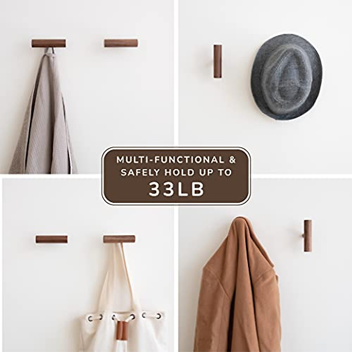 NAUMOO Natural Wood Wall Hooks - Pack of 2 - Handmade Modern Wall Mounted Hook for Hanging Coat - Decorative Wood Pegs for Entryway or Bedroom (Black Walnut)