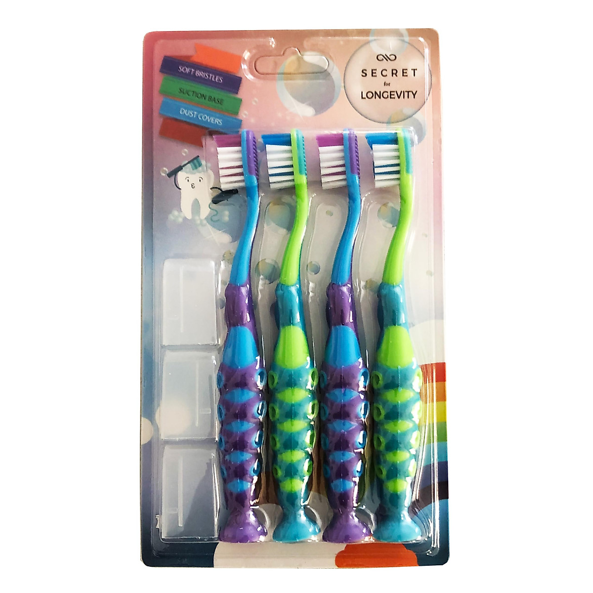 4-Pack of Kids Childrens Toddler Child Sized Brush Heads (3-8 Year Old) Boys Blue Purple Green Extra Soft Bristle Easy Grip BPA Free Toothbrush Set w/ Suction Base w/ Travel Dust Covers