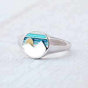Pura Vida Silver-Plated Twin Peaks Enamel Signet Ring - Brass Band, Exclusive Design - Size 7