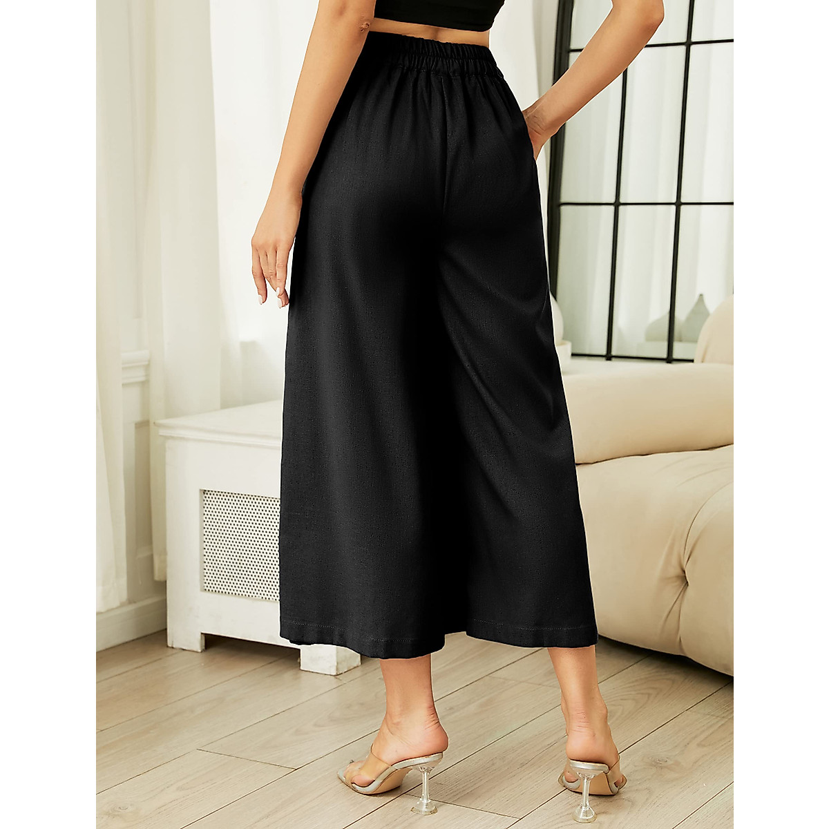 Hooever Women's Cotton Linen Culottes Pants Elastic Waist Wide Leg Palazzo Trousers Capri Pant (Black-XL)