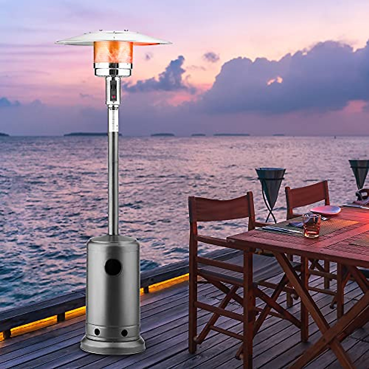Saemoza 46,000 BTU Outdoor Propane Patio Heater, Standing Garden Heater with Wheels Outdoor Heater Propane Gas, ETL Certified Gas with Safety Ignition System (Silver)