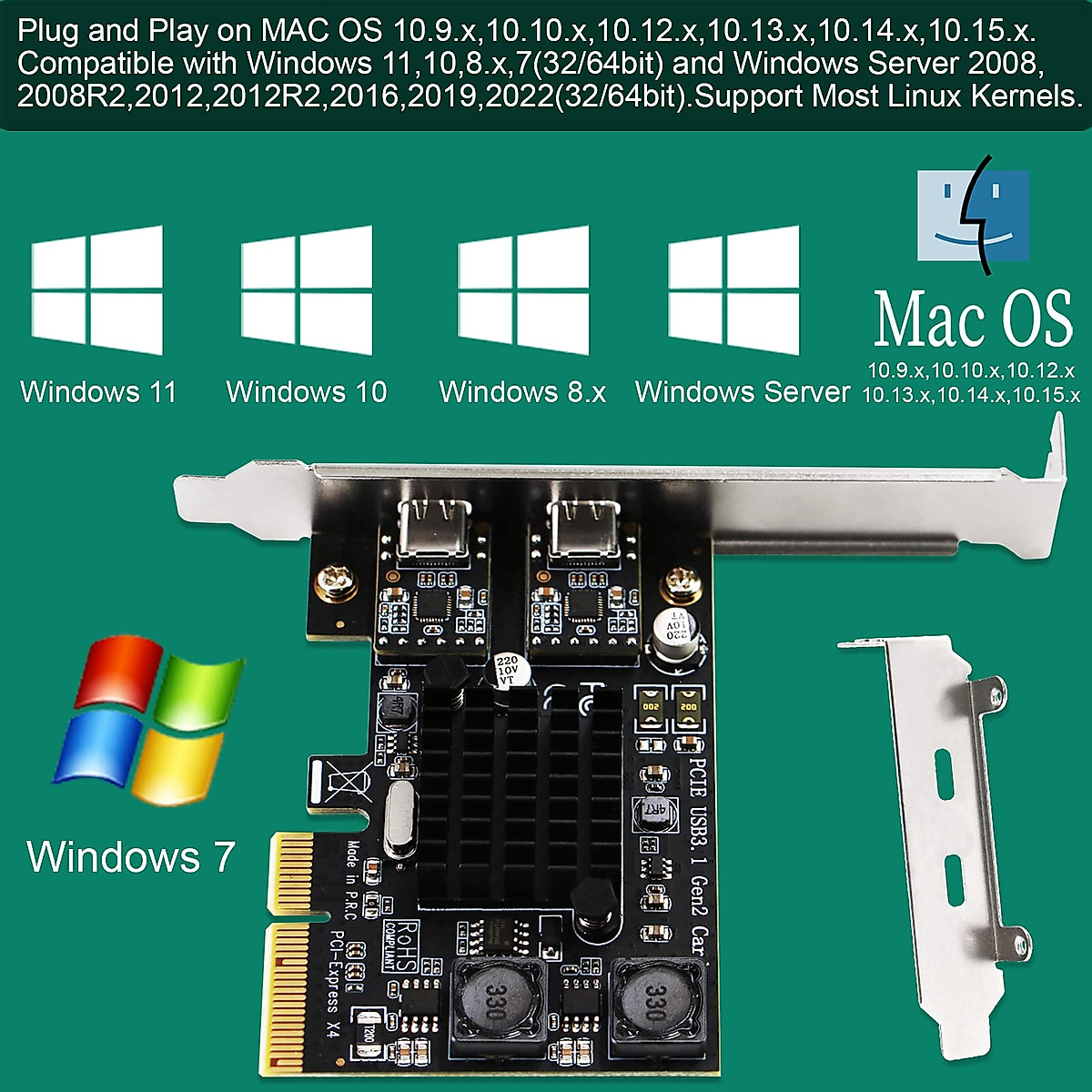 FebSmart 2X 10Gbps Max Speed USB-C Ports PCIE USB 3.1 GEN 2 Expansion Card for Windows, MAC OS and Linux PCs, Built in FebSmart Self-Powered Technology, No Need Additional Power Supply (FS-C2-Pro)