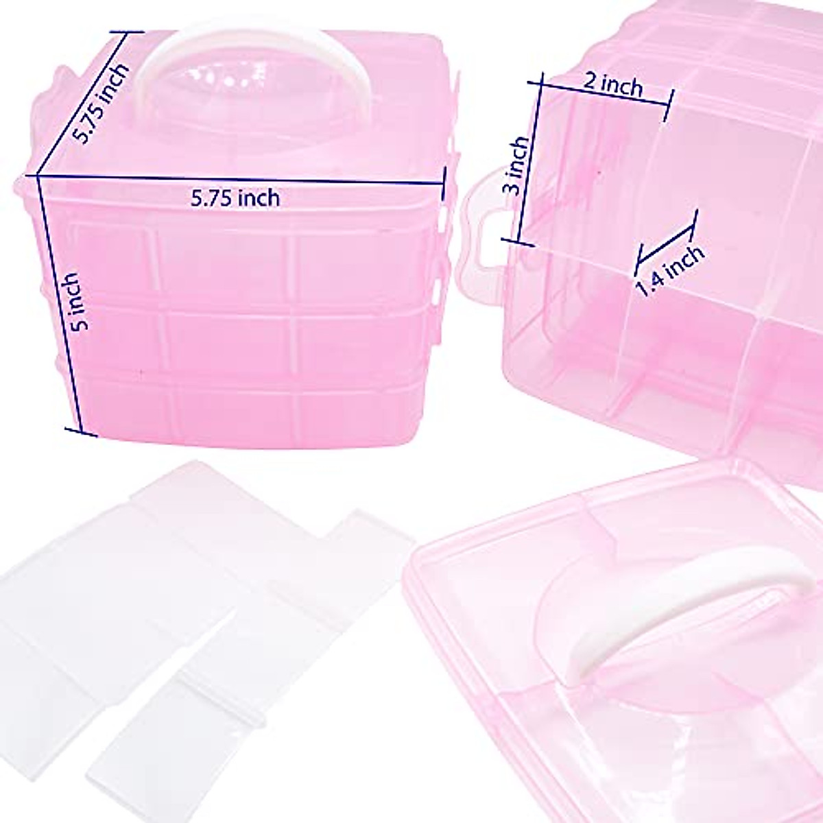 2 Pack - Small Pink Stackable Craft Organizer Box, 3-Layer Small Storage Container Case, with Adjustable Compartments for Beads, Crafts, Jewelry, Fishing Tackle (5.75 x 5.75 x 5 inches)