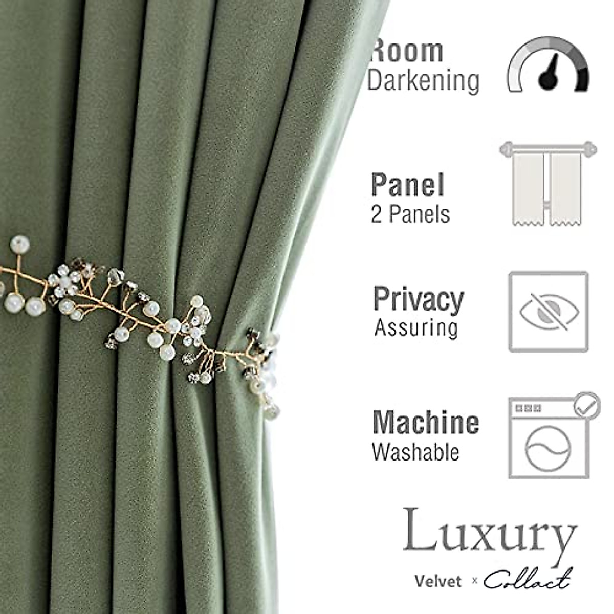 COLLACT Sage Green Velvet Curtains 96 Inches Long Blackout Curtains for Bedroom Living Room Darkening Thermal Insulated Rod Pocket Luxury Soft Window Drapes 2 Panels