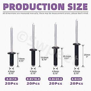 Swpeet 80Pcs 3/16" x 9/16" / 3/4" / 13/16" / 1" Aluminum Long Grip Tri-Grip Rivets Tri-Fold Tri Bulb Mounting Rivet Blind Rivets Assortment Kit, Tri-Grip Rivet Perfect for Deep Water Installing Boat