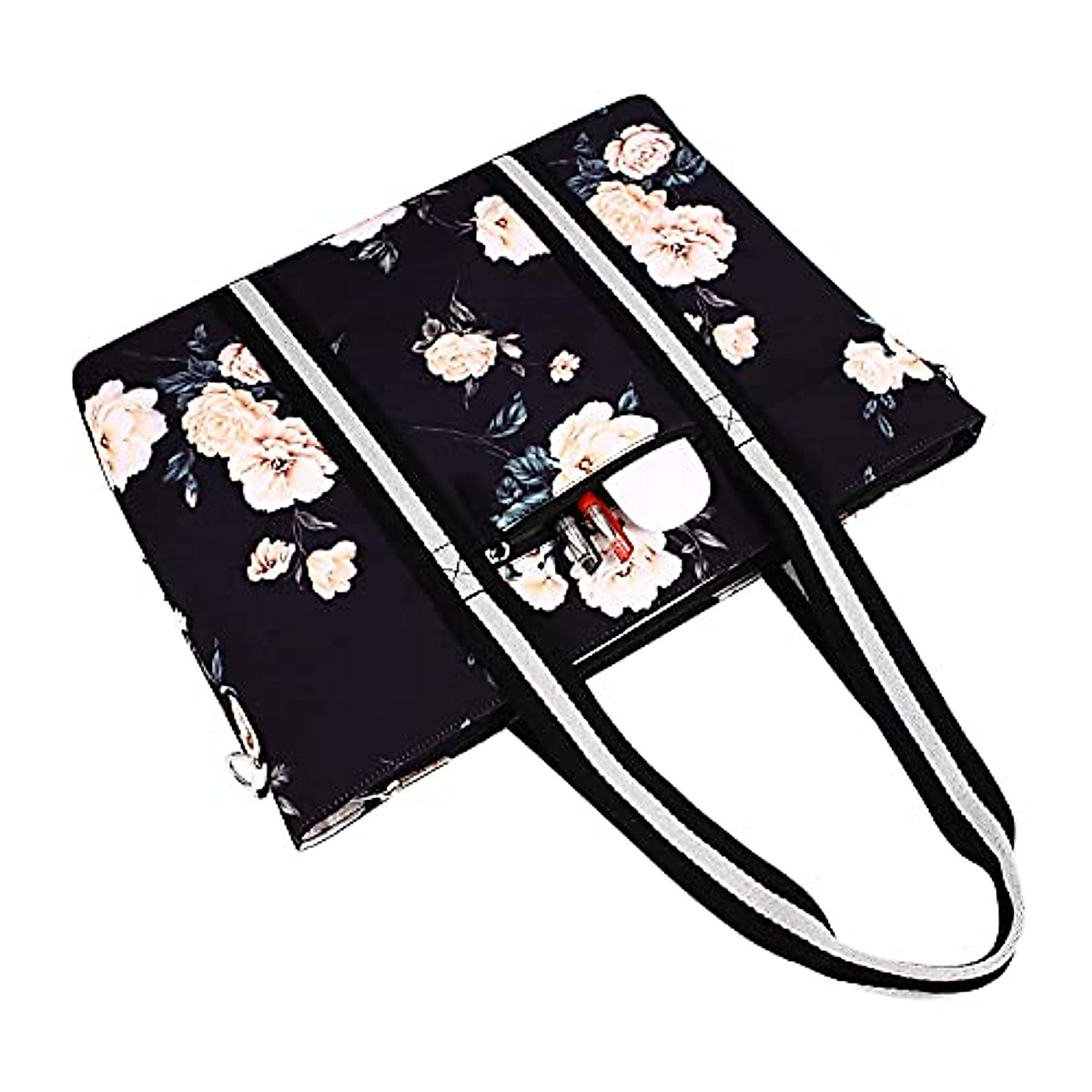 MOSISO Laptop Tote Bag for Women (17-17.3 inch), Canvas Camellia Multifunctional Work Travel Shopping Duffel Carrying Shoulder Handbag, Black