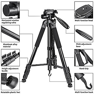 NEEWER Portable Aluminum Alloy Camera 2 in 1 Tripod Monopod Max. 70"/177cm with 3 Way Swivel Pan Head and Carrying Bag for DSLR, DV Video Camcorder (SAB264, Black)
