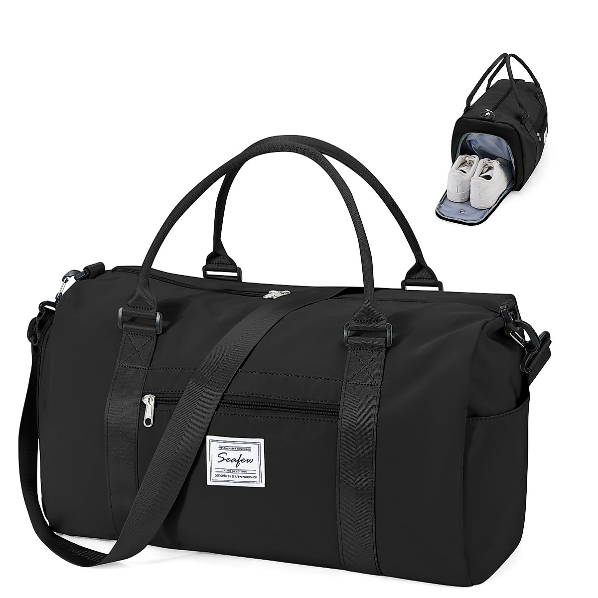 Gym Bag for Women Men with Shoes Compartment Sports Duffle Bag Personal item travel Duffel Bags Tote Bag Small Carry on Weekender Overnight Bag Workout Dance Bag Hospital Holdalls Black