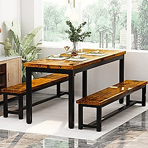 AWQM Dining Room Table Set, Kitchen Table Set with 2 Benches, Ideal for Home, Kitchen and Dining Room, Breakfast Table of 43.3x23.6x28.5 inches, Benches of 38.5x11.8x17.5 inches, Industrial Brown