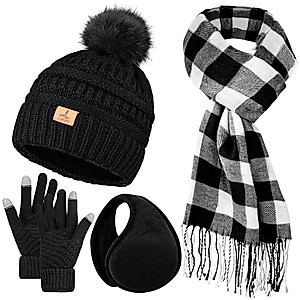 Winter Hat Scarf Gloves and Ear Warmer, Knit Warm Beanie Hat Touch Screen Gloves Long Knitted Plaid Scarf Set Gifts for Women Black