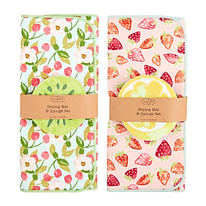 Mud Pie Strawberry Drying Mat Set, Mat 15" X 20" | Sponge 5" Dia