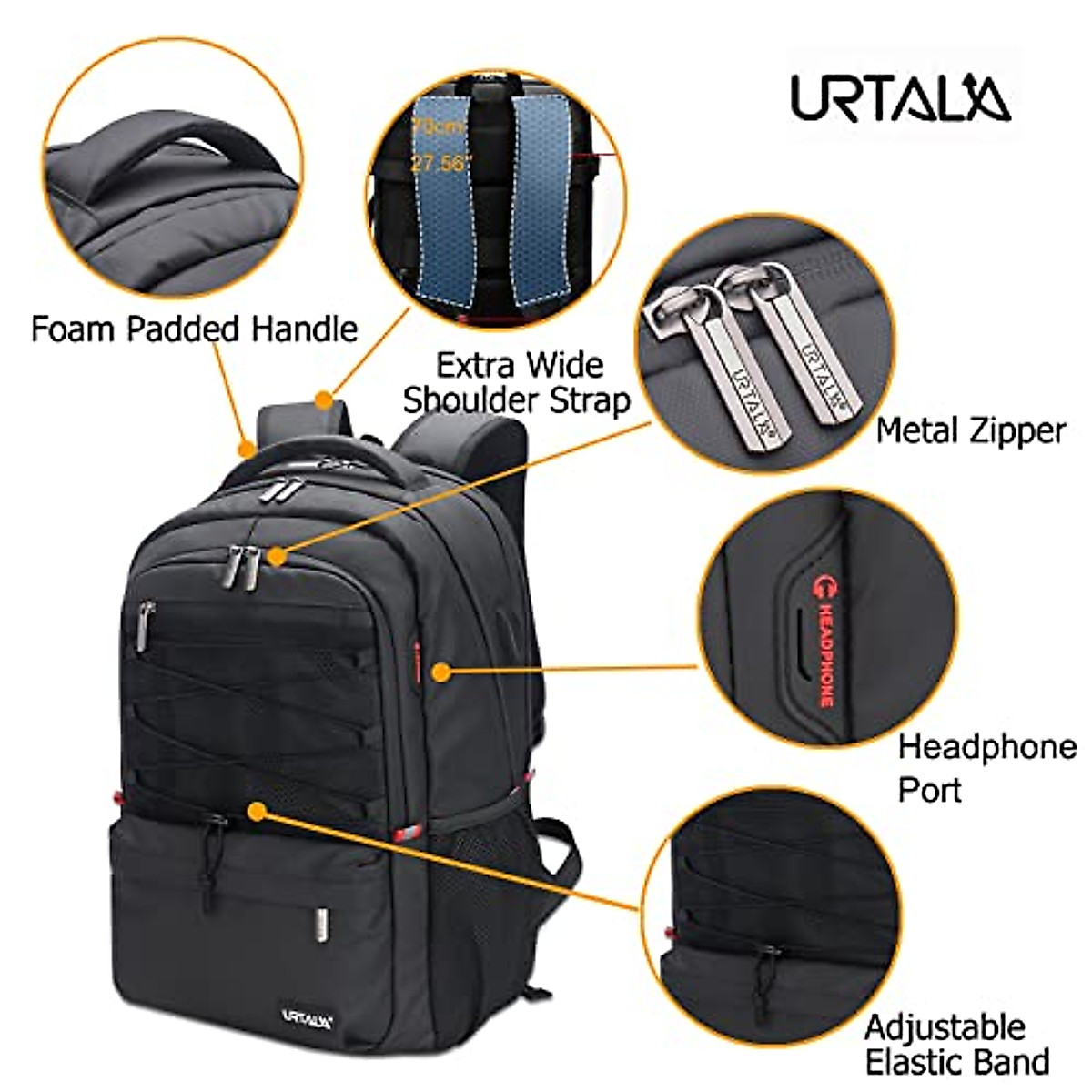 Urtala Travel Laptop Backpack with USB Charging Port, 15.6 Inch Business Computer Backpacks Large 30L Water Resistant Anti-Theft Hiking School College Bookbag for Men Women, Black