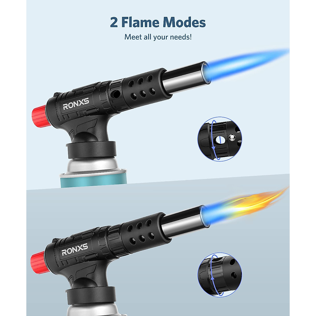 RONXS Butane Torch lighters, 2 Flame Mode Kitchen Cooking Torch with Inverted Use Adjustable Flame Culinary Blow Torch for BBQ, Baking, Sushi, Butane Not Included