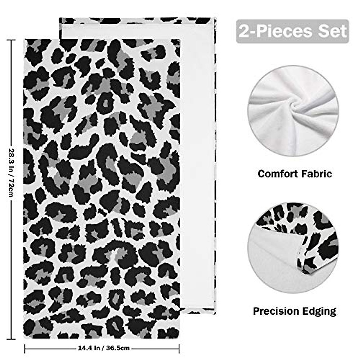 Qilmy Black and White Leopard Hand Towels Ultra Soft Absorbent Fingertip Bath Towels Breathable & Comfort Hand Towels for Bathroom Hotel, Gym and Spa 28 X 14 Inch (2PCS)