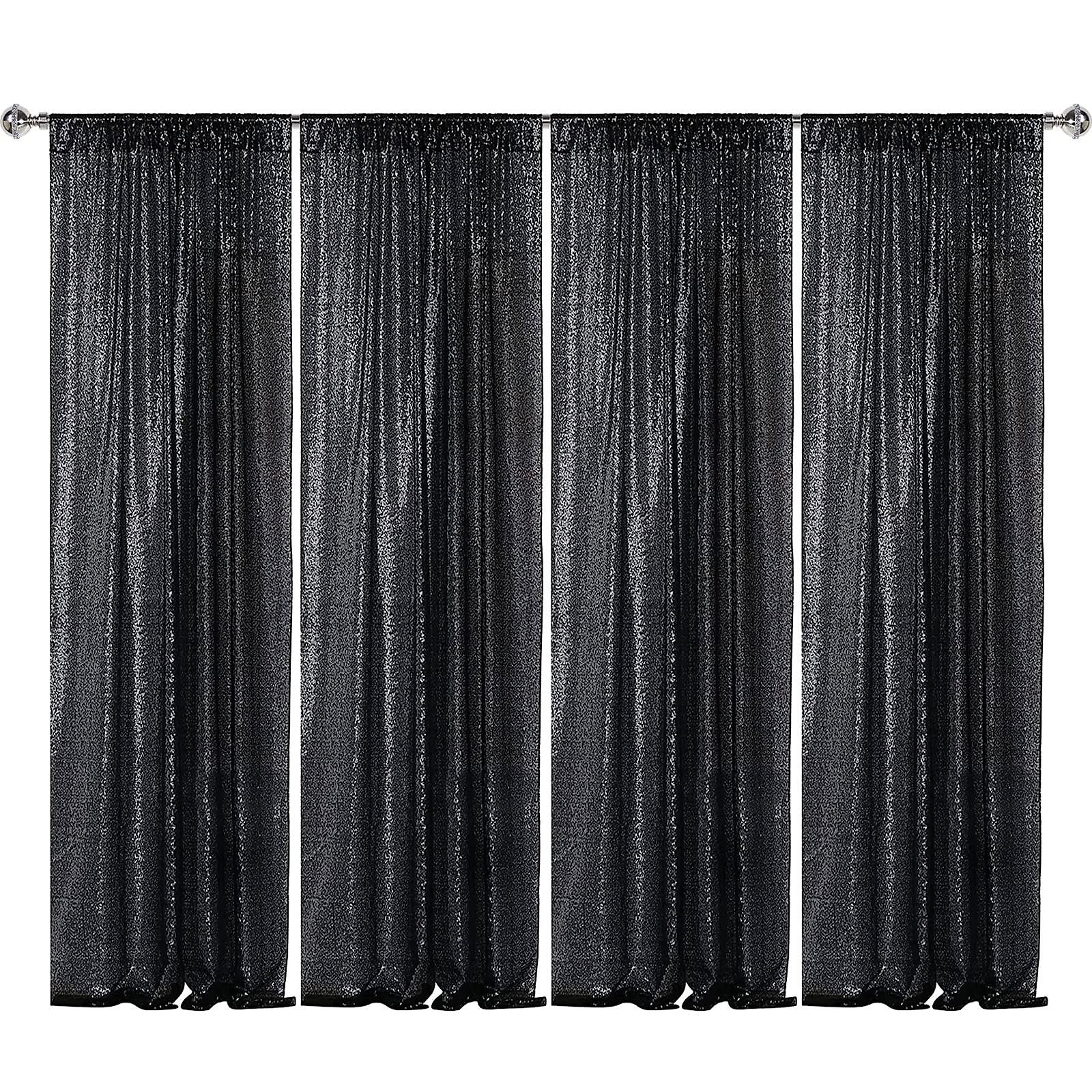 Sugargirl Halloween Black Sequin Backdrop Curtain 4 Panels 2FTx8FT Glitter Black Background Drapes Sparkle Photography Backdrop for Party Wedding Birthday Wall Decoration