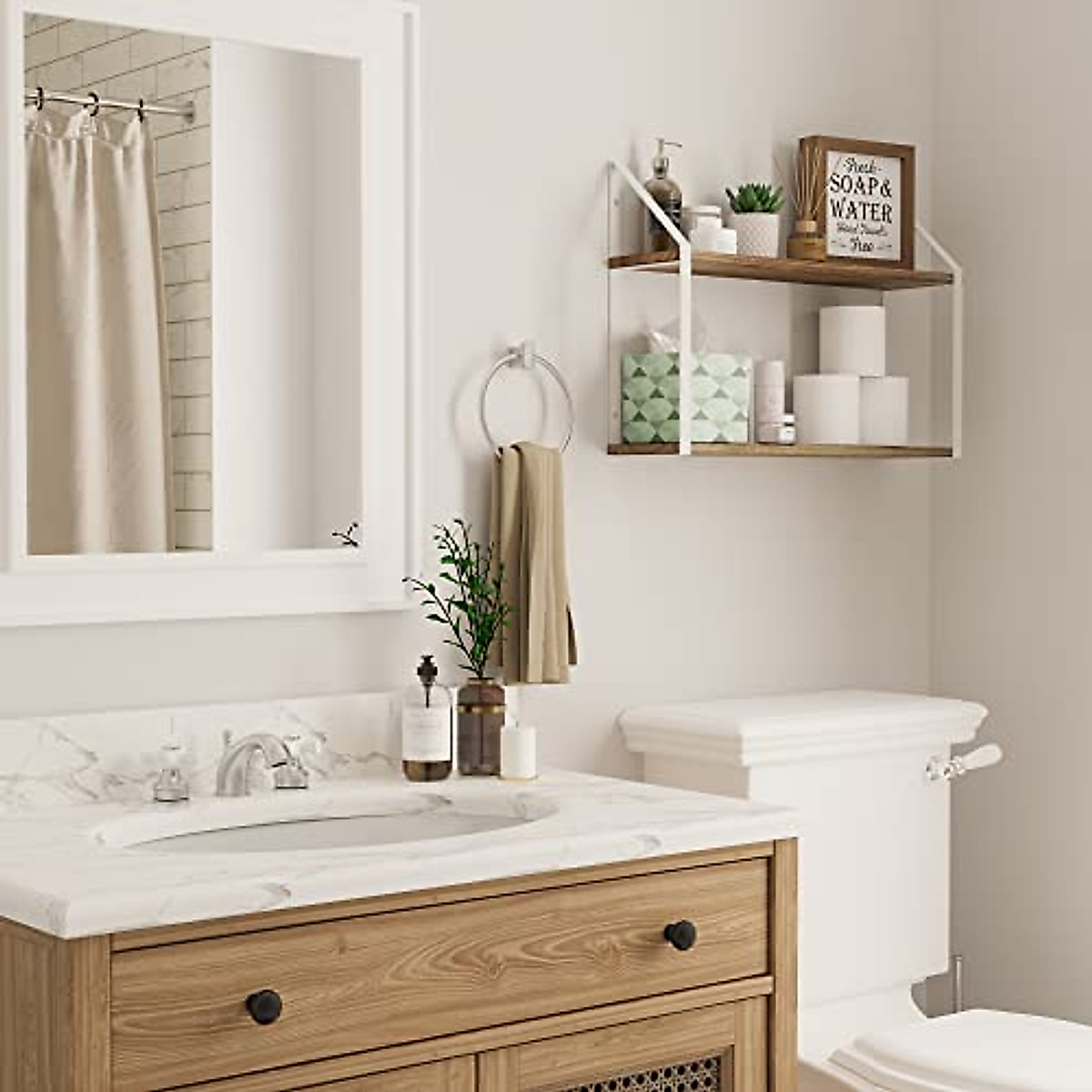 Wallniture Modena 2-Tier 24" Bathroom Organizer, Wall Shelves Kitchen Organization, Laundry Decor Book Shelves for Wall Living Room Burnt Finish, White Bracket