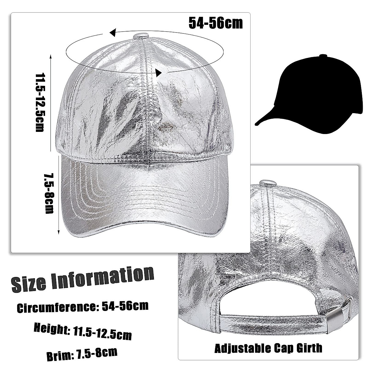 Sportmusies Classic Adjustable Baseball Cap, Crinkled Shiny Baseball Caps, Men Women Sport Visitor Hat, Sun Protection Hats, Silver