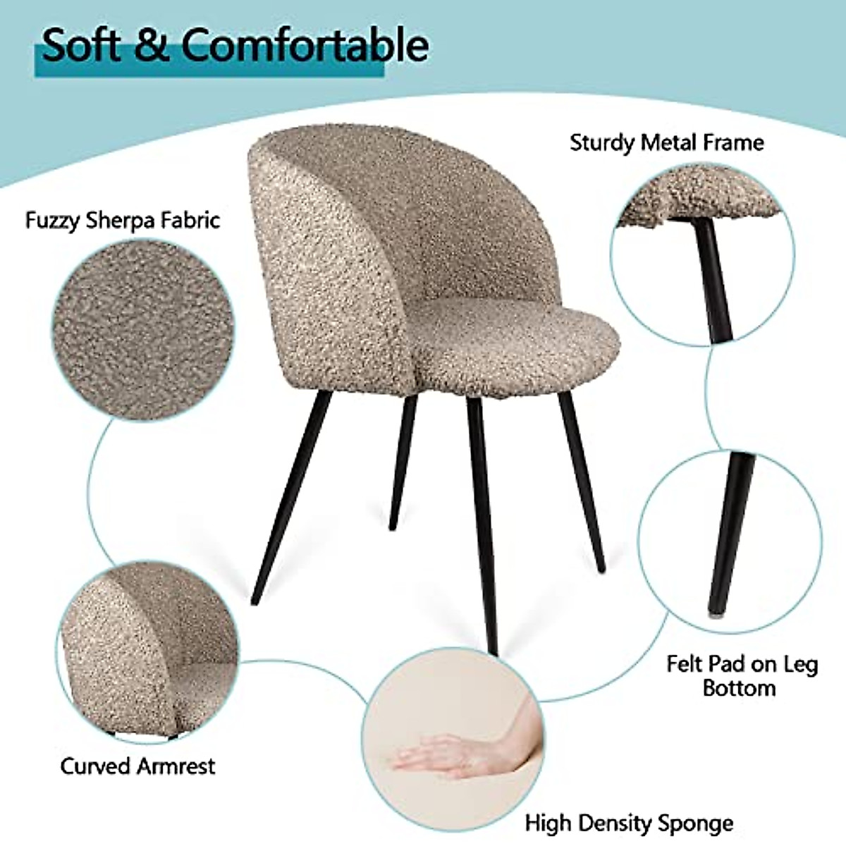 Homtique Modern Dining Chairs Set of 2, Upholstered Sherpa Accent Chair, Leisure Chair with Armrest and Black Metal Legs, Comfy Side Chair Armchair for Kitchen Dining Living Room Vanity (Light Brown)