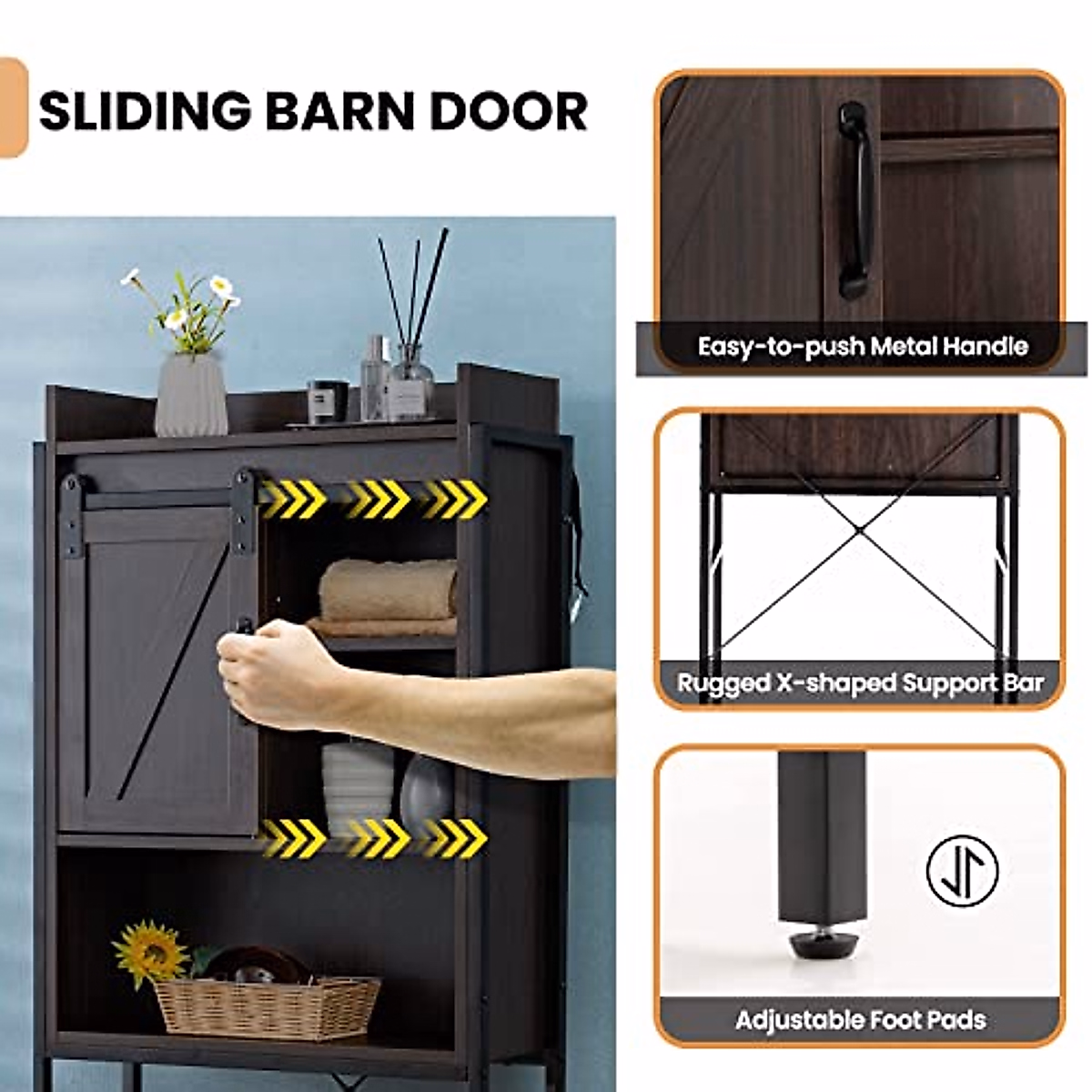 UIIAIOUIAIO 4-Tier Over-The-Toilet Storage Cabinet, Bathroom Organizer with Sliding Door, Adjustable Shelves, Freestanding Toilet Space Saver Shelf for Bathroom Laundry (Rustic Brown)