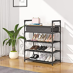 Calmootey 4-Tier Stackable Freestanding Shoe Rack, 2-in-1 Plus Storage Bag Sturdy Shoe Shelf, Non-Woven Fabric Entryway Shoe Shelf with Storage Organizer