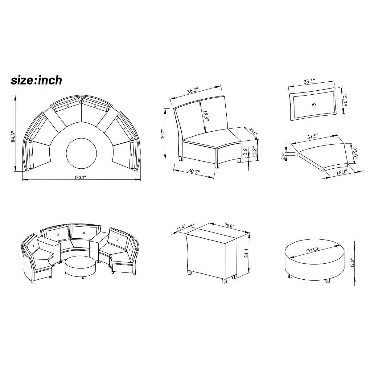 GLIFRON Patio Furniture Sets for 6 Person, Fan-Shaped Half-Moon Curved Outdoor Rattan Sofa with Cushions and Round Table for Porch Lawn Garden Backyard Poolside, Gray+Beige, 1