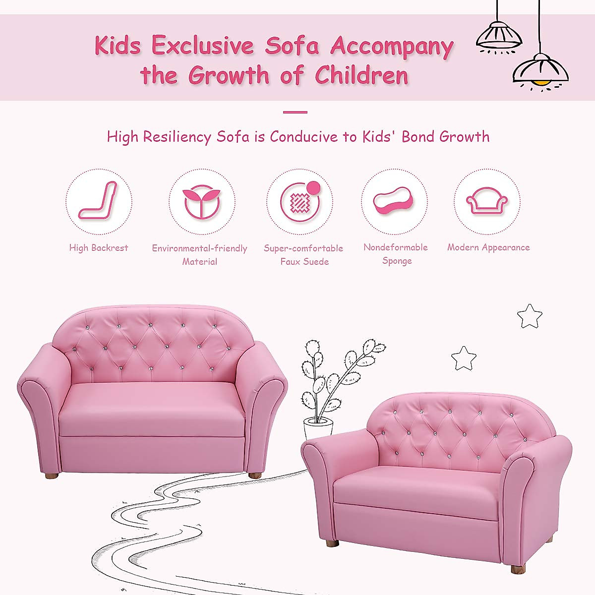 Costzon Kids Couch, 2 in 1 Princess Double Seat Children's Sofa w/PU Leather Surface, Toddler Armrest Chair for Bedroom, Kids Room, Mini Sofa for Kids Loveseat Baby Girls Birthday