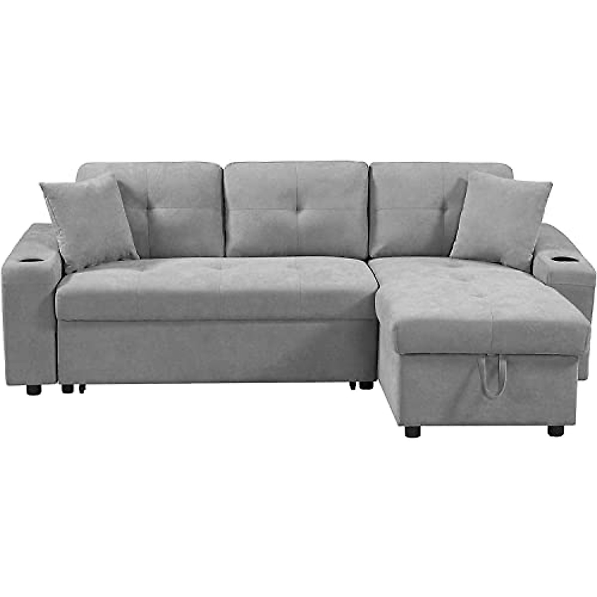 GAOPAN Modern Linen Sectional Sleeper Sofa Bed Convertible L-Shape Couch with Storage Chaise Lounge,Side Pockets,Cup Holders,2 Pillows for Living Room Apartment Furniture, Light Gray