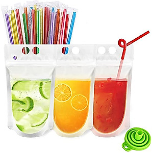 200Pcs Reusable Drink Pouches Clear Drink Bags with Disposable Plastic Straws Smoothie Bags Juice Bags Reclosable Double Zipper Handheld Translucent Stand-up Frozen Drink Pouches for Adults