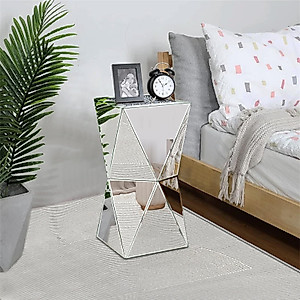 Pregaspor Sliver Mirrored End Table, Crushed Diamond Top Accent Side Table, Geometric Small Mirrored Coffee Table for Living Room, Bedroom, Corner, Small Space