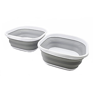 SAMMART 10L Set of 2 Collapsible Tub - Foldable Dish Tub - Portable Washing Basin - Space Saving Plastic Washtub (White/Grey)