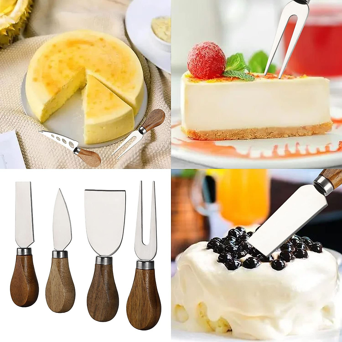4-Piece Cheese Knife Set Butter Spreader Knives for Charcuterie Board, Acacia Wooden Handle Stainless Steel Cheese Knives with Cheese Slicer Cheese Cutter Cheese Shaver Cheese Fork